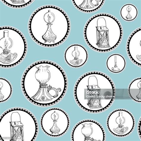 컬러 백그라운드의 오픈워크 레이스 원형 디자인의 빈티지 등유 램프와 등불의 매끄러운 패턴 주방 화려한 0명에 대한 스톡 벡터 아트 및 기타 이미지 Istock