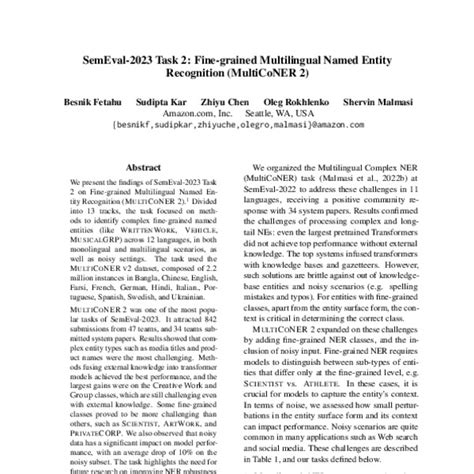 Semeval 2023 Task 2 Fine Grained Multilingual Named Entity Recognition