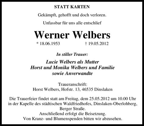 Traueranzeigen von Werner Welbers | Trauer-in-NRW.de