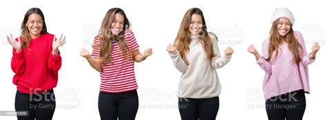 격리 된 배경 축 하에 아름 다운 젊은 여자의 콜라주 놀라게 무기 제기와 성공을 위한 깜짝 놀라게 고 눈을 엽니다 우승자