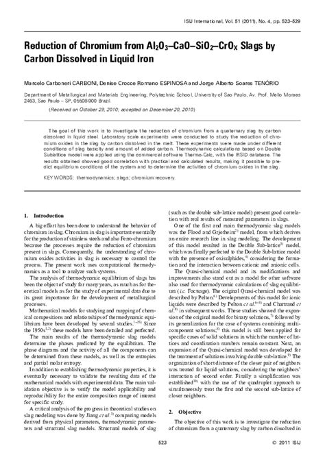 pdf reduction of chromium from al2o3 cao sio2 crox slags by carbon dissolved in liquid iron