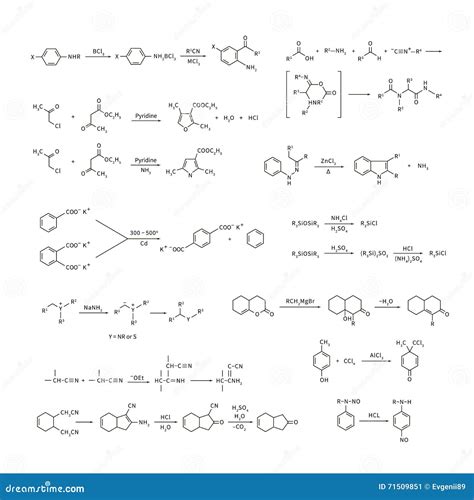 Large Set Of Basic Chemical Reaction Equations And Formulas On White Stock Illustration