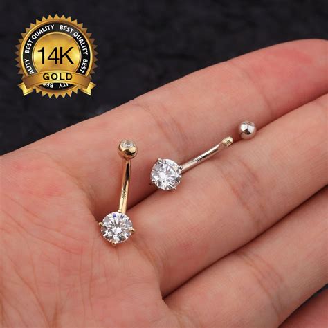14k Solid Gold Round Cz Belly Button Ringbelly Jewelrynavel Ring