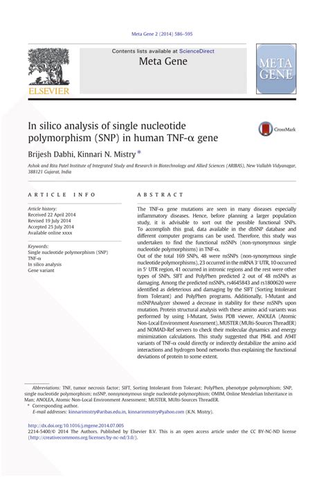 Pdf In Silico Analysis Of Single Nucleotide Polymorphism Snp In Human Tnf α Gene