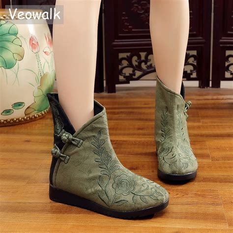 Veowalk 빈티지 겨울 가을 여성 코튼 원단 짧은 발목 부츠 편안한 부드러운 숙녀 부티 자수 신발 그린 베이지앵클 부츠
