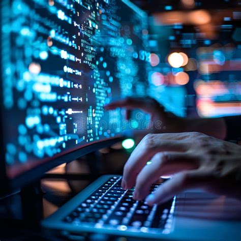 Cybersecurity Expert Analyzing Encrypted Data On A Computer In A Dark