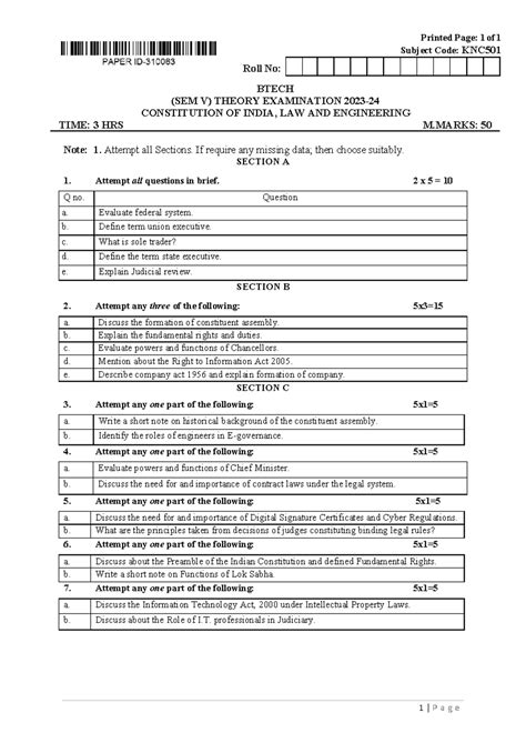 Paper KNC 501 2023 Printed Page 1 Of 1 Subject Code KNC 0Roll No 0 0 0 0 0 0 0 0 0 0 0 0 0