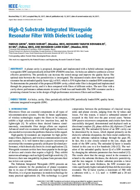 Pdf High Q Substrate Integrated Waveguide Resonator Filter With