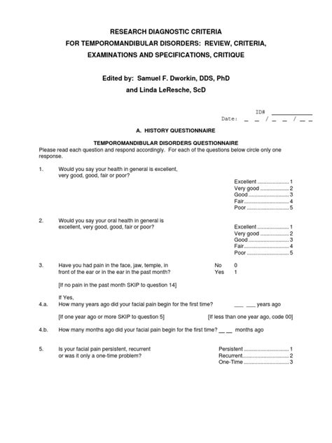Rdc Tmd Patient History Questionnaire Formatted 8 04 07 Pdf Race
