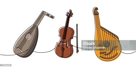 악기 컬렉션 한 줄 컬러 연속 그림 류트 바이올린 Bandura 연속 한 줄 그림 벡터 선형 그림 낙서 드로잉에 대한 스톡 벡터