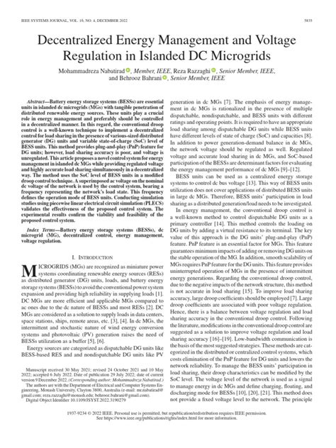 Review Decentralized Energy Management And Voltage Regulation In Islanded Dc Microgrids Pdf