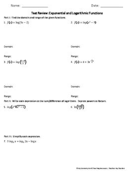 PreCal Test Review Exponential And Logarithmic Functions By My Geometry World
