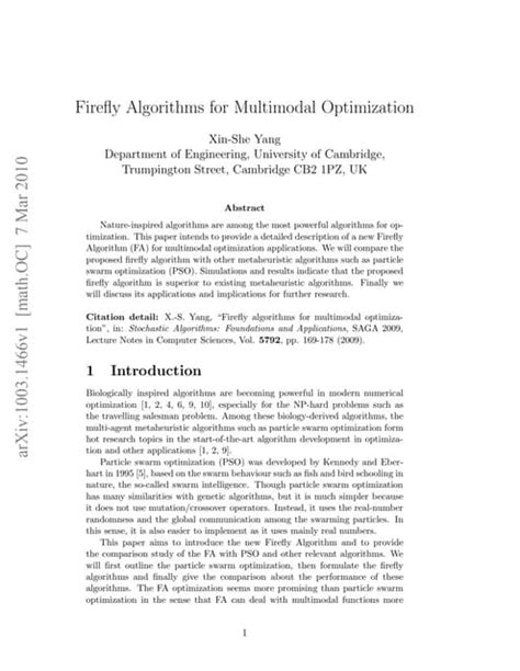 Firefly Algorithms For Multimodal Optimization Pdf Physics Science