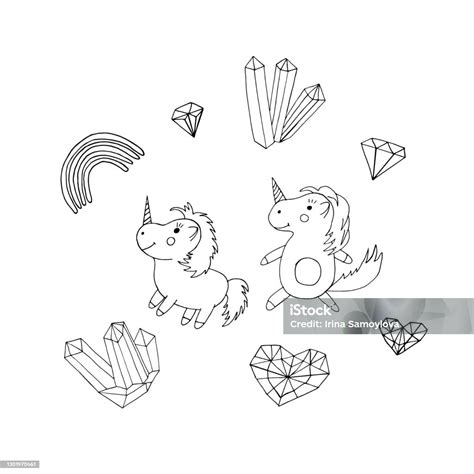 유니콘 크리스탈 하트 무지개 세트 아이콘 스티커 스케치 핸드 그린 낙서 스타일 미니멀리즘 흑백 매직 컬렉션 0명에 대한 스톡 벡터 아트 및 기타 이미지 Istock