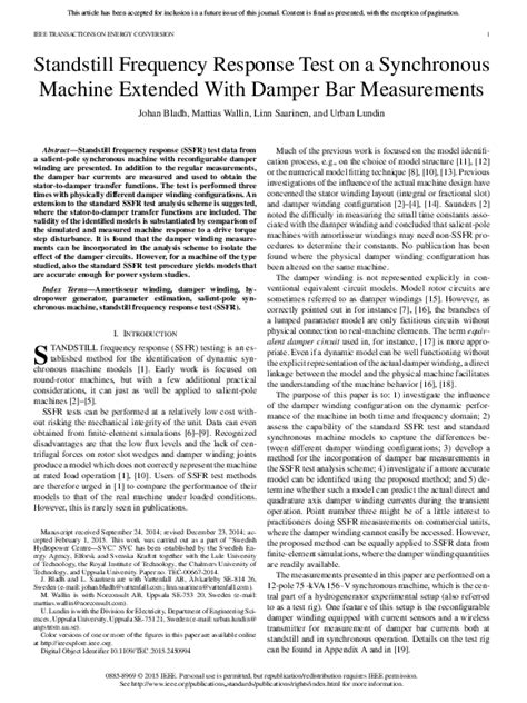 Pdf Standstill Frequency Response Test On A Synchronous Machine Extended With Damper Bar