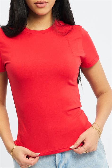 Red T Shirt Short Sleeve Crew Neck Ally Fashion