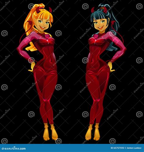 Two Girls Devils In Red Latex On Black Background Stock Vector