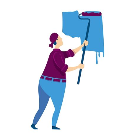 얼굴 표정이없는 벽화 롤러 장인 핸디 파란색 페인트를 씌우고입니다 가사 Diy 인테리어 리노베이션 집 수리 만화 일러스트 레이 션 프리미엄 벡터