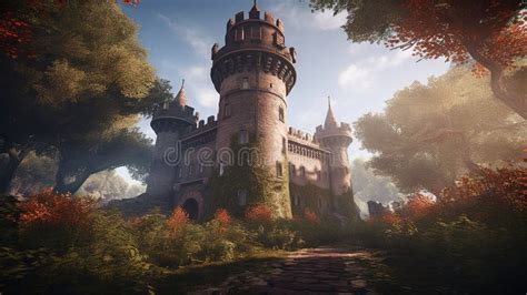A Castle With A Pathway Leading To It In A Forest Stock Illustration Illustration Of Tree