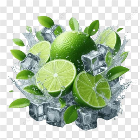 상쾌한 음료 그림에 적합한 생생한 녹색 잎으로 둘러싸인 신선한 라임 조각과 얼음 조각 생생한 녹색 잎으로 둘러싸인 신선한 라임 조각과 얼음 조각 상쾌한 음료 일러스트에