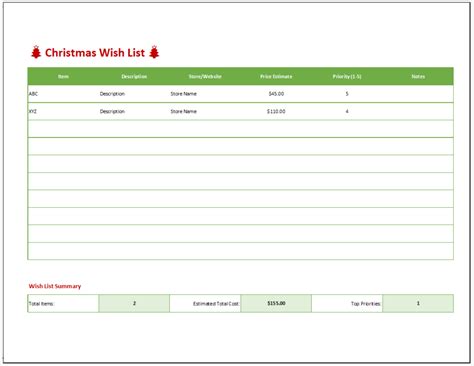 Christmas Wish List Templates For Excel Download For Excel