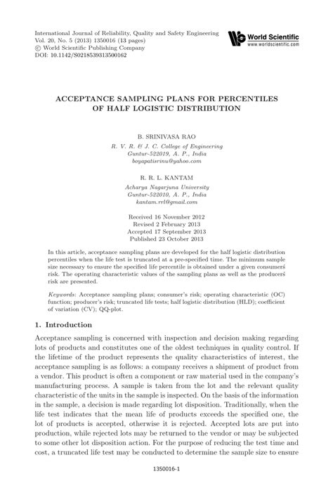 Pdf Acceptance Sampling Plans For Percentiles Of Half Logistic Distribution