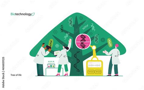 Bio Technology Tree Of Life Modern Flat Vector Concept Illustration Of Scientists Observing