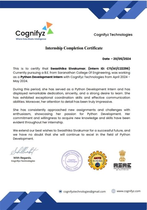 Completed Python Course From Cognifyz Swasthika Sivakumar Posted On