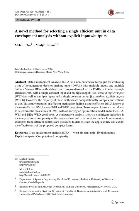 Pdf A Novel Method For Selecting A Single Efficient Unit In Data Envelopment Analysis Without