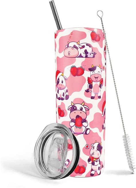 Strawberry Cow Tumbler With Lid And Straw Stainless Steel 20oz Pink Cow