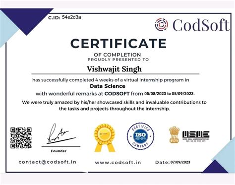 completed a 4 week data science internship with codsoft vishwajit
