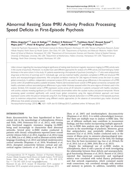 Pdf Abnormal Resting State Fmri Activity Predicts Processing Speed Deficits In First Episode