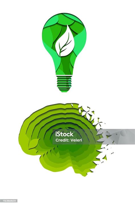 나뭇잎과 에코 전구와 함께 겹쳐진 자연 인간의 두뇌 종이에서 잘라 친환경 아이디어와 혁신 종이 컷 종이 접기 벡터 일러스트레이션 3차원 형태에 대한 스톡 벡터 아트 및 기타