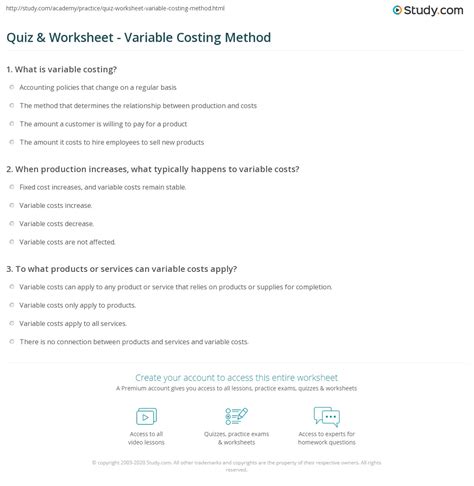 Quiz Worksheet Variable Costing Method Study Com