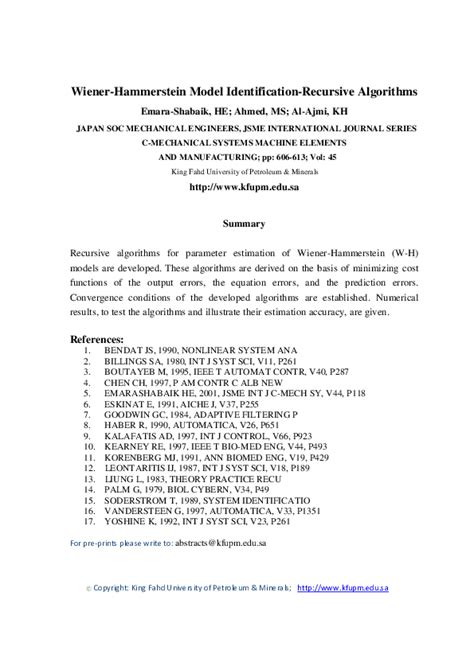 Pdf Wiener Hammerstein Model Identification Recursive Algorithms