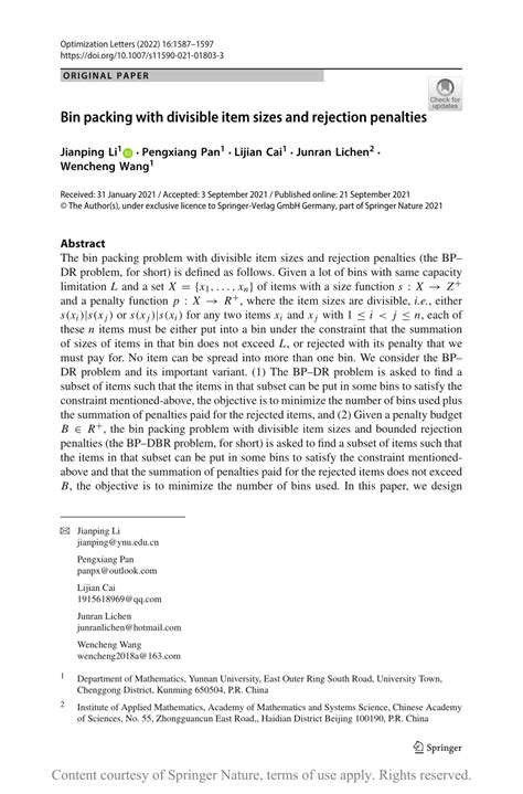 Bin Packing With Divisible Item Sizes And Rejection Penalties Request PDF