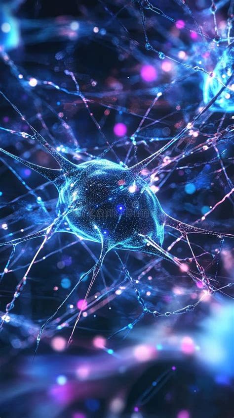 Glowing Ai Neural Network With Pulsating Blue And Violet Energy Stock