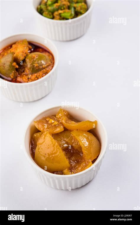 Group Photograph Of Indian Pickles Like Mango Pickle Lemon Pickle And Green Chilli Pickle