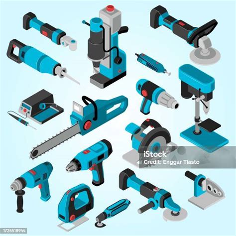 전기 공작 기계 아이소메트릭 세트 퍼즐 세이버 톱 앵글 그라인더 드릴링 머신 격리 벡터 그림 등측투영법에 대한 스톡 벡터 아트 및 기타 이미지 Istock