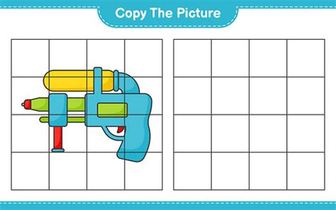 그림을 복사하고 그리드 선을 사용하여 Water Gun의 그림을 복사하십시오 교육 어린이 게임 인쇄 가능한 워크 시트 벡터 일러스트 레이 션 0명에 대한 스톡 벡터 아트 및