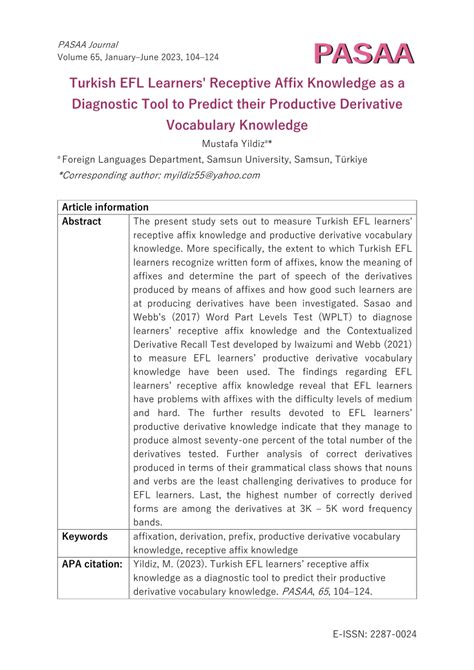 Pdf Turkish Efl Learners Receptive Affix Knowledge As A Diagnostic