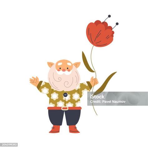 재미있는 Gnome 캐릭터 와 수염 서 있는 와 꽃 통하고 있는 줄기 벡터 일러스트 0명에 대한 스톡 벡터 아트 및 기타 이미지