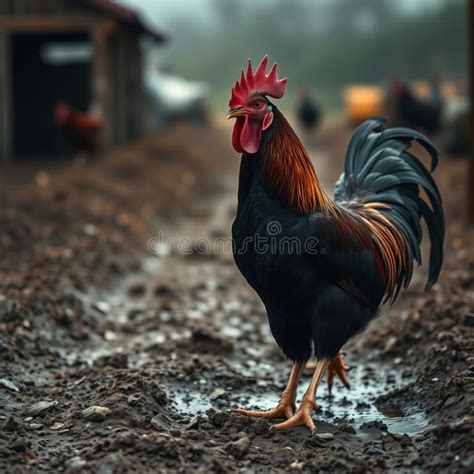 Portrait Of A Rooster Walking In The Mud On A Farm Farm Concept With