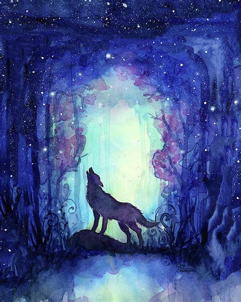Wolf Howling In Galaxy Forest Greeting Card By Olga Shvartsur