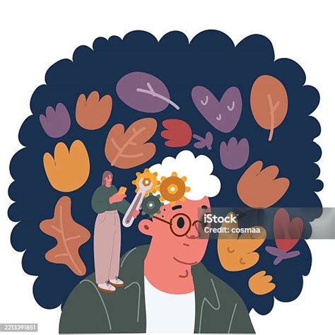 인간의 머리에 뇌를 고정하기 위해 렌치를 들고 있는 여자의 만화 벡터 그림 고치거나 바꾸거나 더 나은 사고 방식을 만듭니다 개념에 대한 스톡 벡터 아트 및 기타 이미지