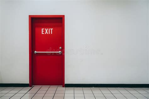 Minimalist Image Of Red Door Labeled EXIT White Wall Tiled Floor Stock Illustration