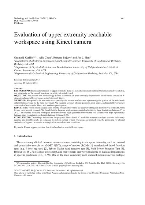 Pdf Evaluation Of Upper Extremity Reachable Workspace Using Kinect Camera
