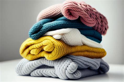 Premium Photo Stack Of Cotton And Knitted Colorful Clothes On The Table