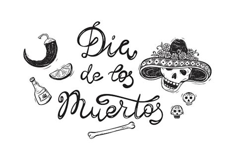 멕시코 죽음의 날입니다 디 아 드 로스 안 돼입니다 멕시코 휴가 기호 멕시코 두개골 음식 고추 라임 데 킬 라 마시는 설탕 두개골 뼈 및 붓글씨 레터링 마실 것에 대한 스톡