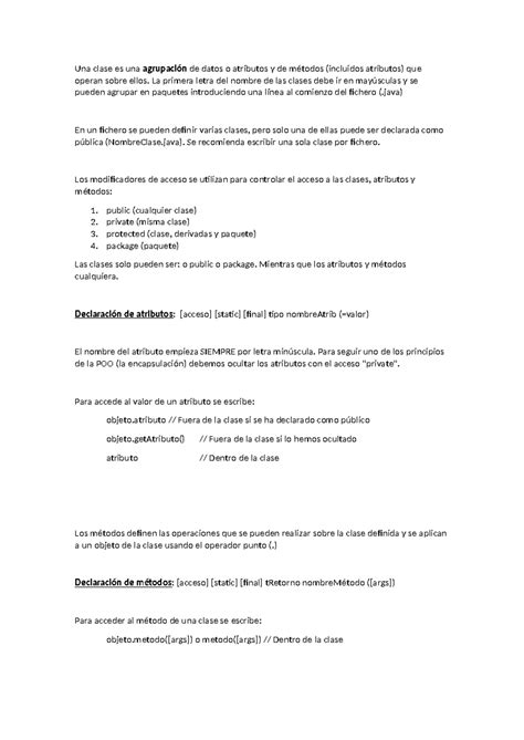 Apuntes Poo Resumen Programacion Orientada A Objetos Una Clase Es Una Agrupación De Datos O
